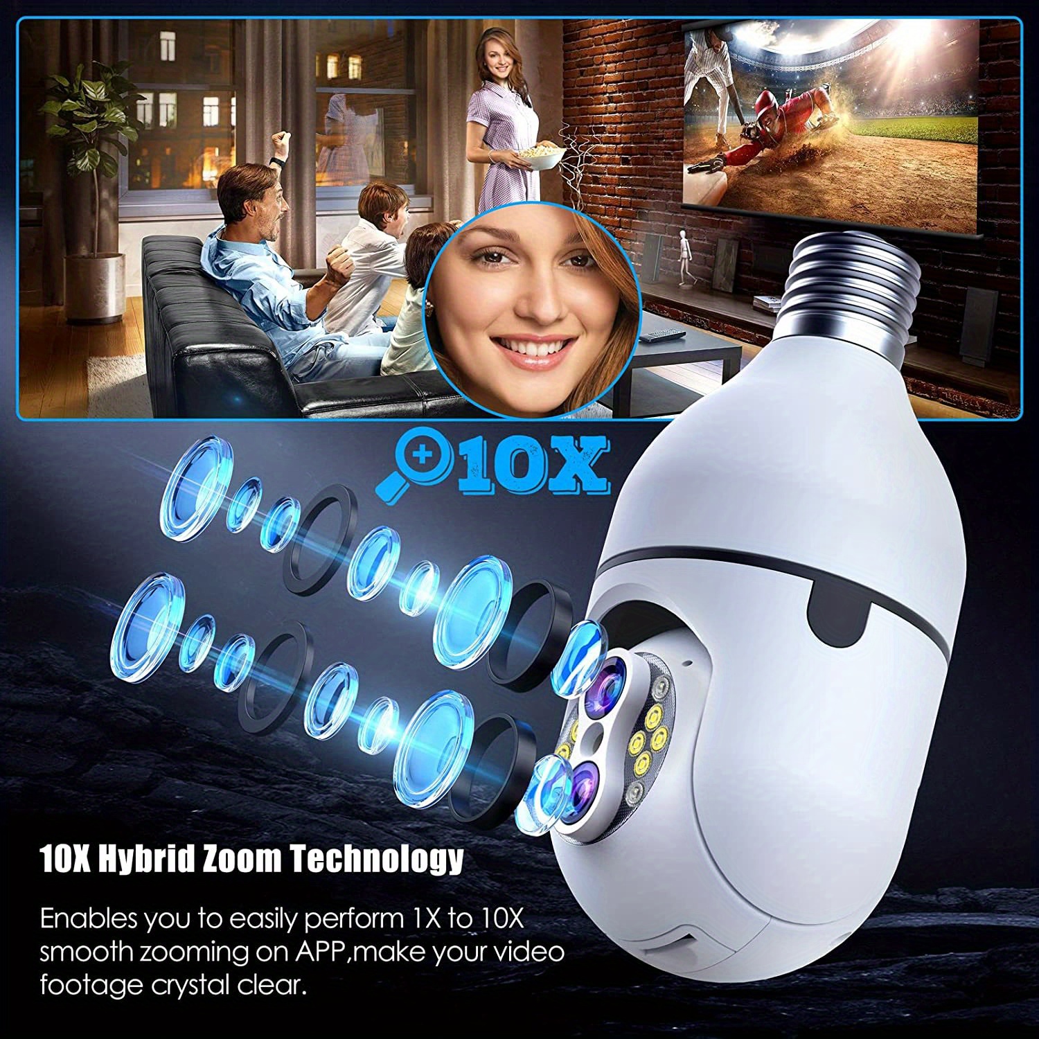 Evkvo 4mp 10x 줌 전구 보안 Wifi 카메라 24ghz 무선 비디오 감시 카메라 주택 보안 모니터용 이중 렌즈