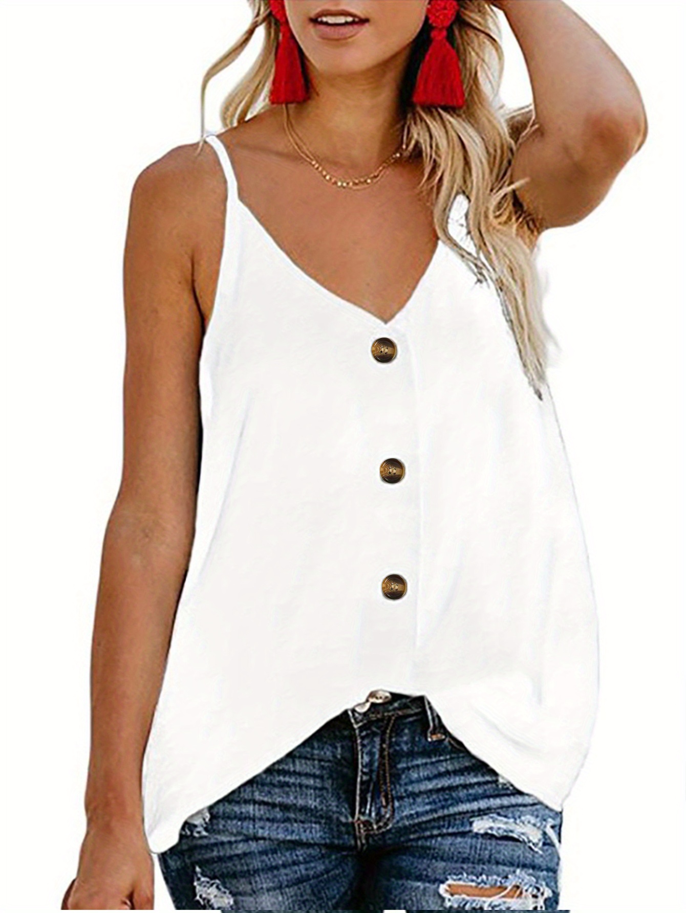 v neck spaghetti strap top casual button sleeveless cami top - Temu Canada