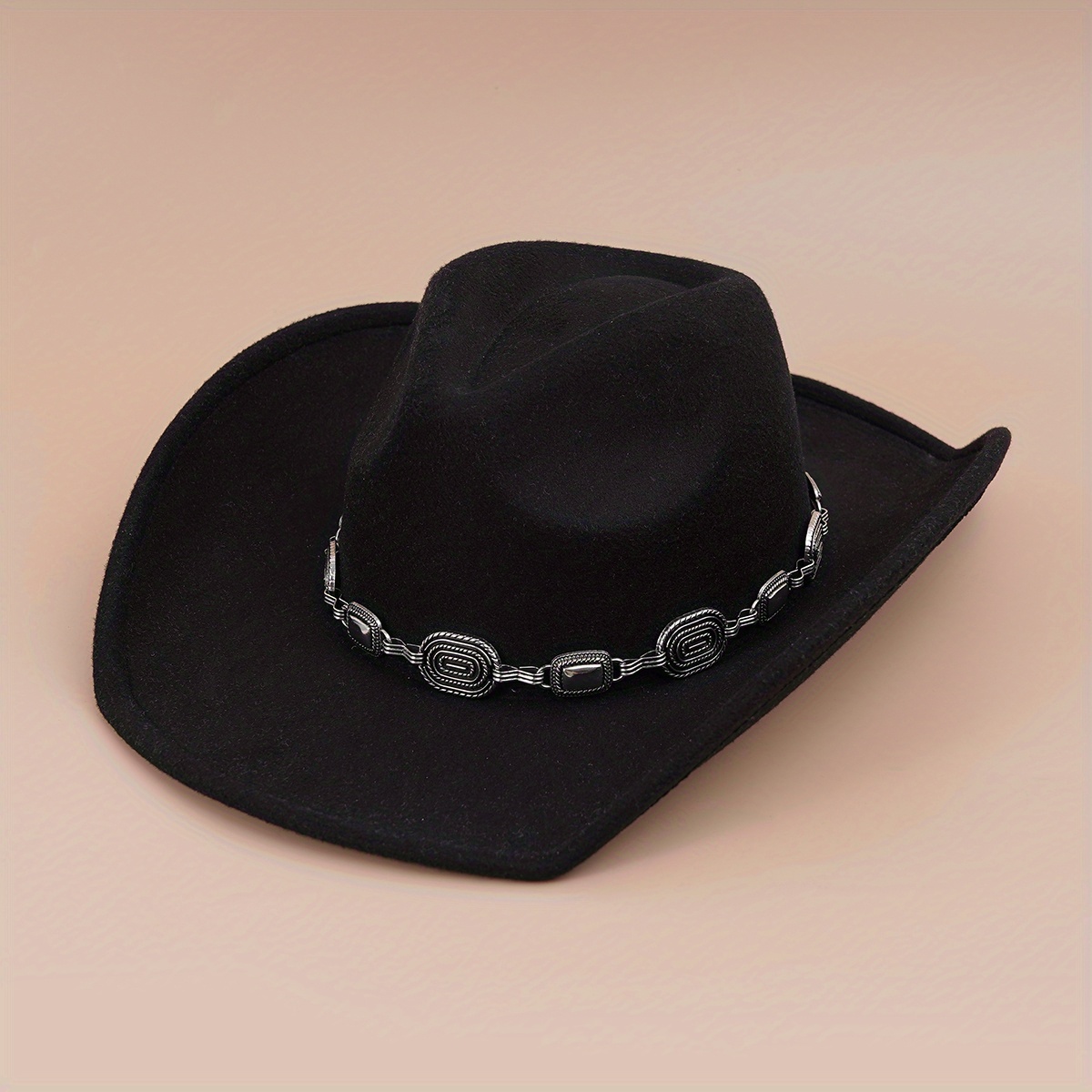 Silvery Chain Decor Fedora Cap Western Cowboy Cowgirl Hat Solid Color ...
