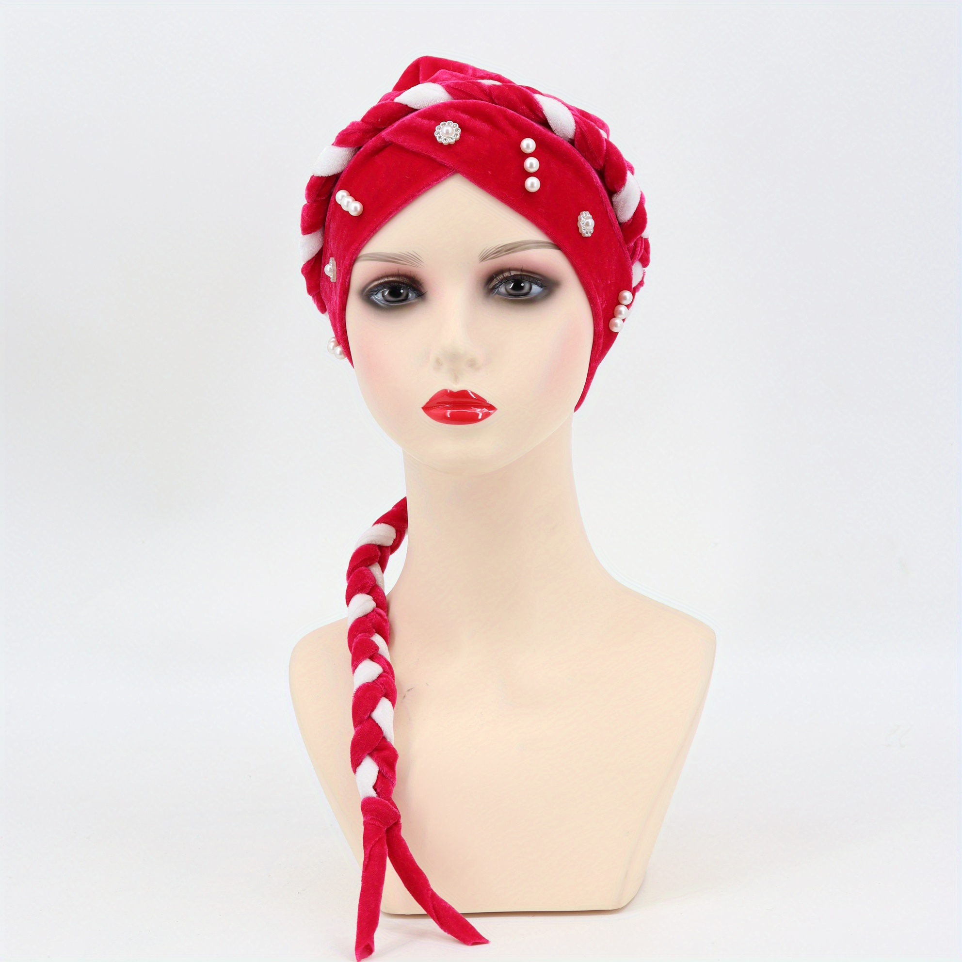 long braid velvet turban cap pearl decor head wraps - {region_name}