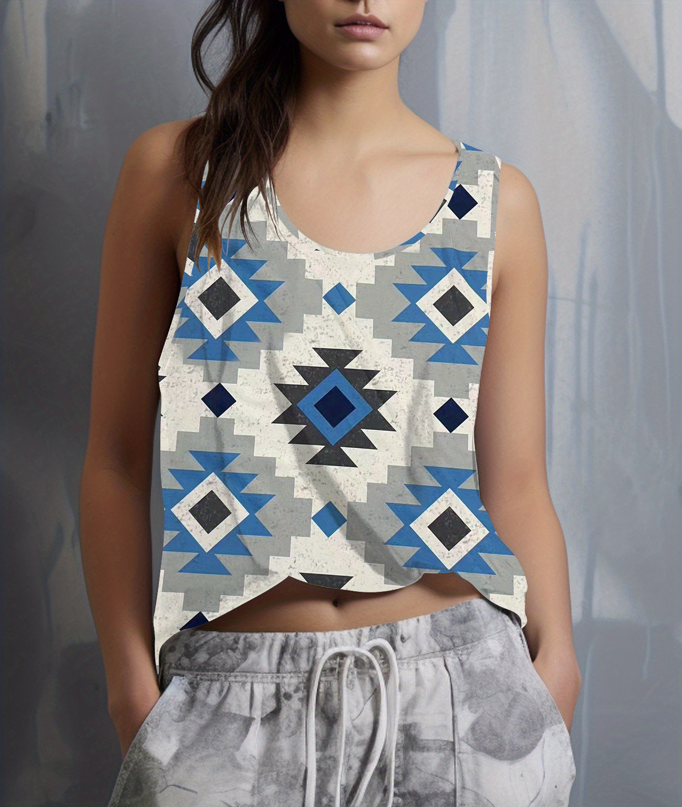 Geometric Pattern Crew Neck Tank Top Casual Sleeveless Tank - Temu ...