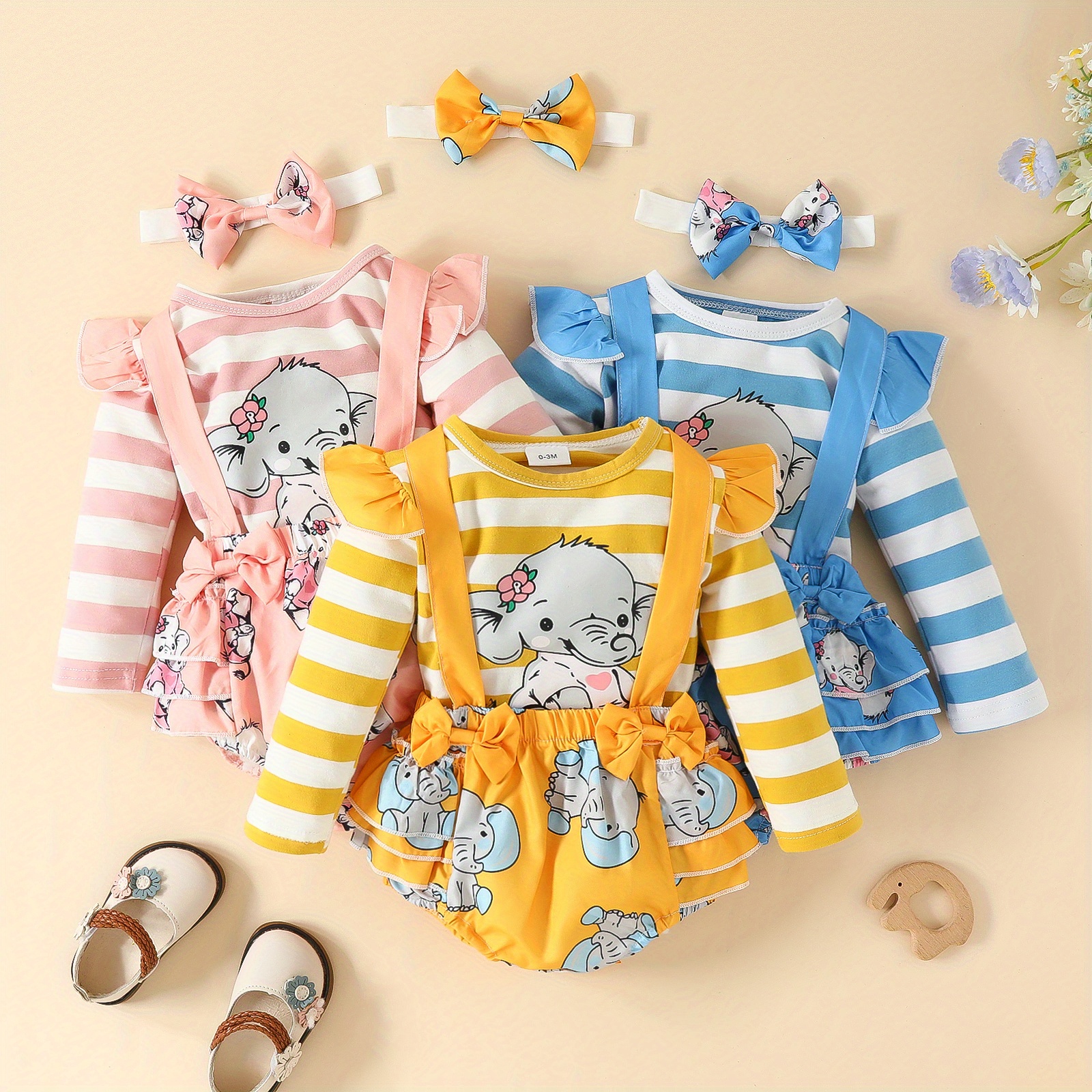 Baby Cute Elephant Graphic Long Sleeve Strap Triangle Romper - Temu ...