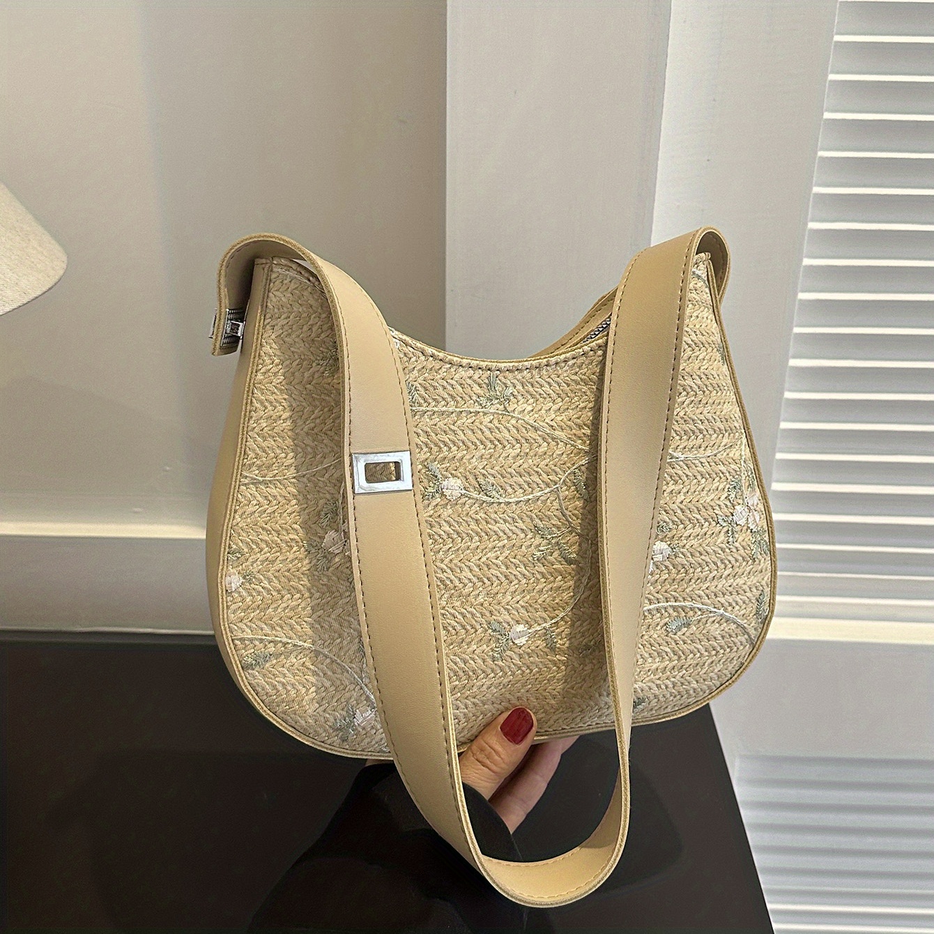 Floral Pattern Zipper Shoulder Bag Straw Woven Versatile Handbag Simple ...