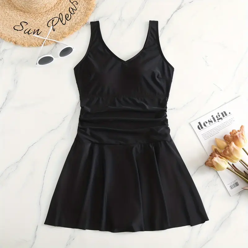 Printed V Neck Ruched Swimsuit Stretchy Skirted Temu United Kingdom