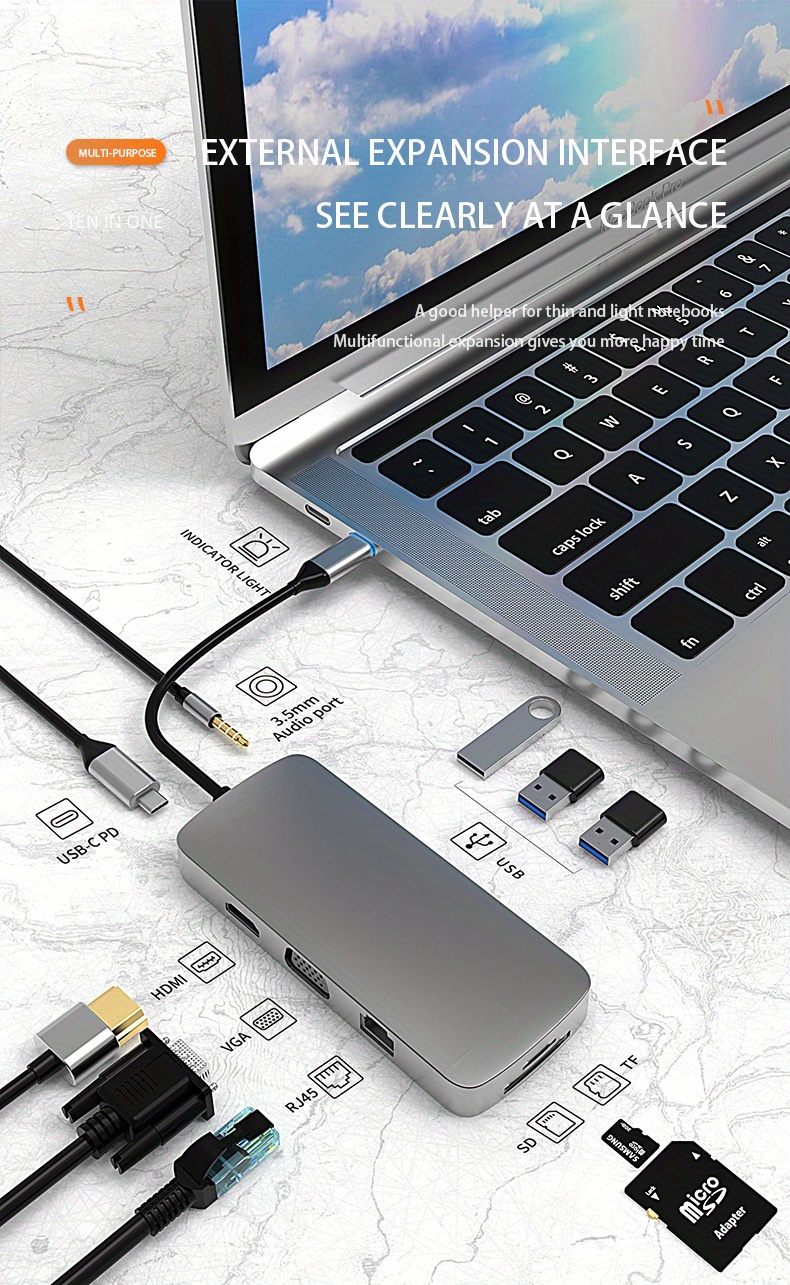 多機能 10 ポート usb c ハブ rj45 hdtv オ vga sd tf usb2.0 usb3.0 - Temu Japan