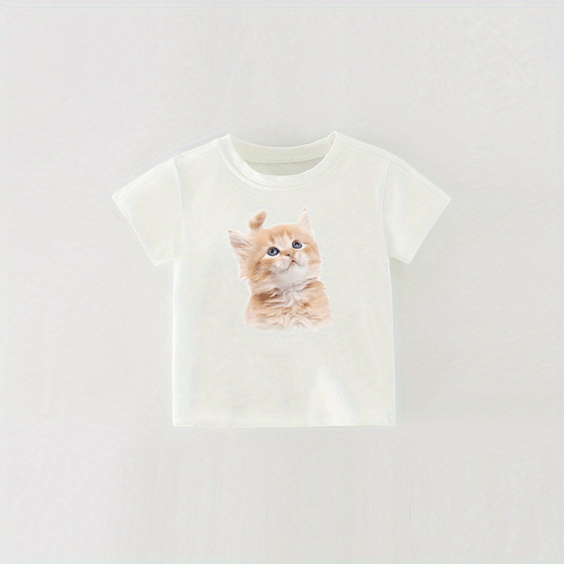 girls cotton t shirts cute ''kitty looking '' graphic casual - Temu ...