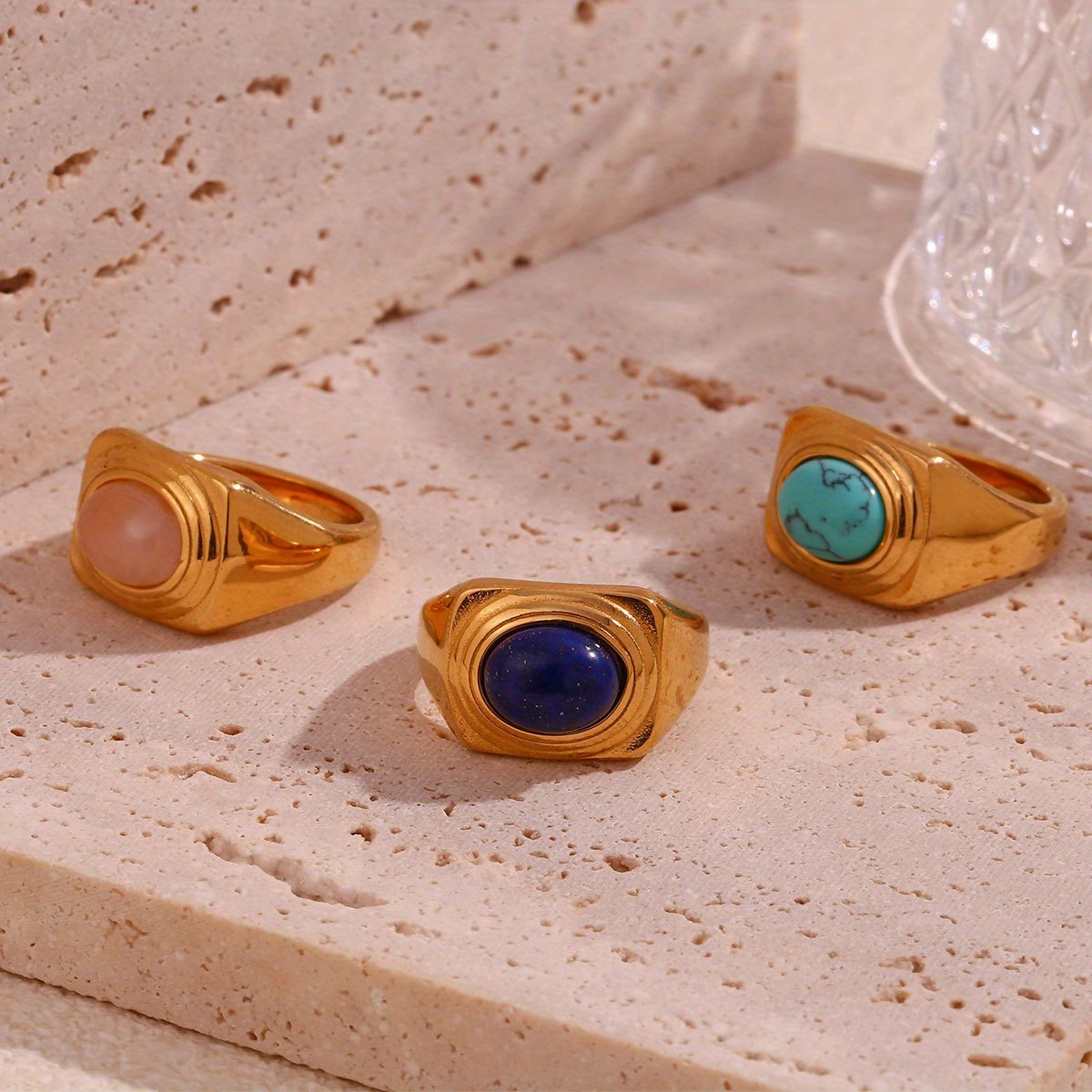 Vintage Geometric Ring Stainless Steel Inlaid Natural Stone - Temu New ...