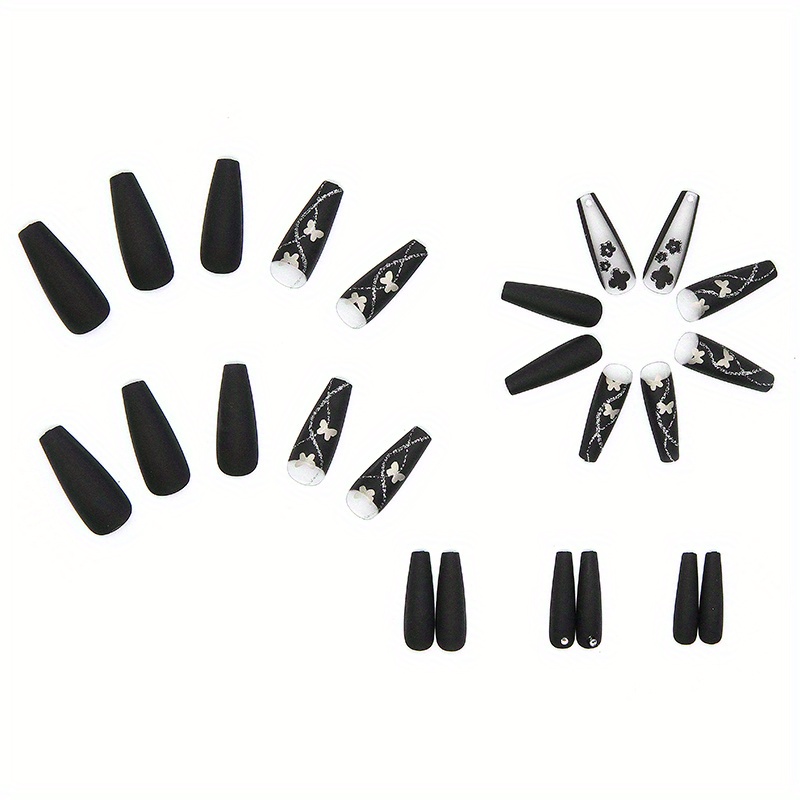 Butterfly Flower Design Coffin Long Press Nails French Tips - Temu ...
