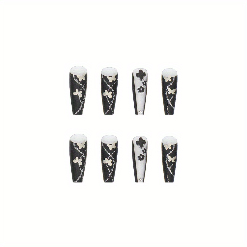 Butterfly Flower Design Coffin Long Press Nails French Tips - Temu ...