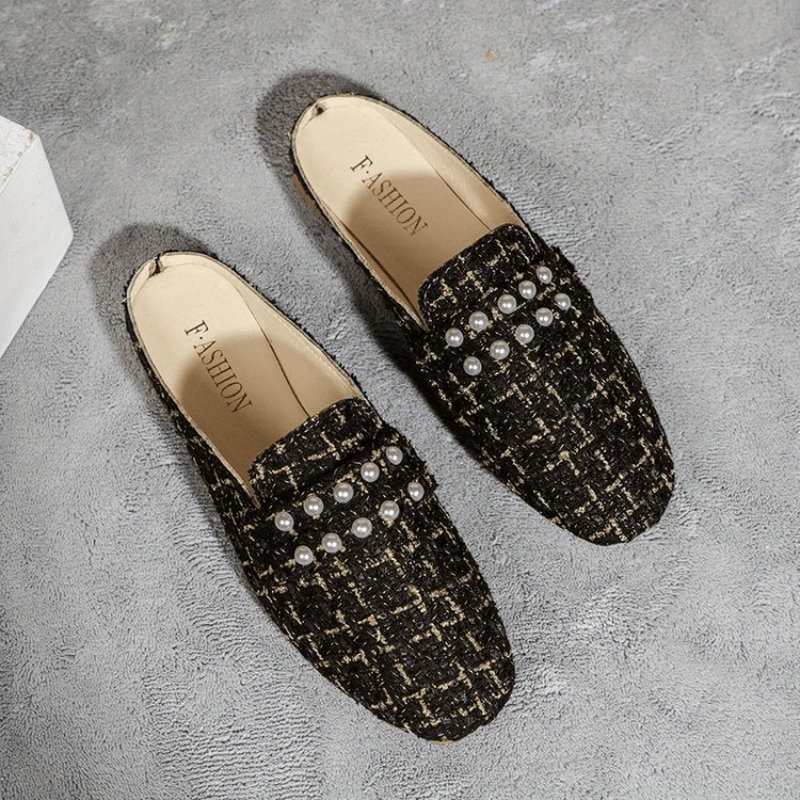 Women's Tweed Flat Mules Fashion Faux Pearl Decor Closed Toe - Temu ...