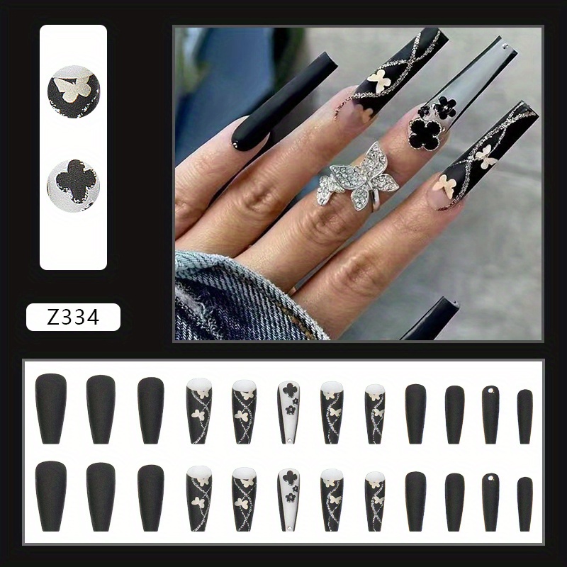 Butterfly Flower Design Coffin Long Press Nails French Tips - Temu ...