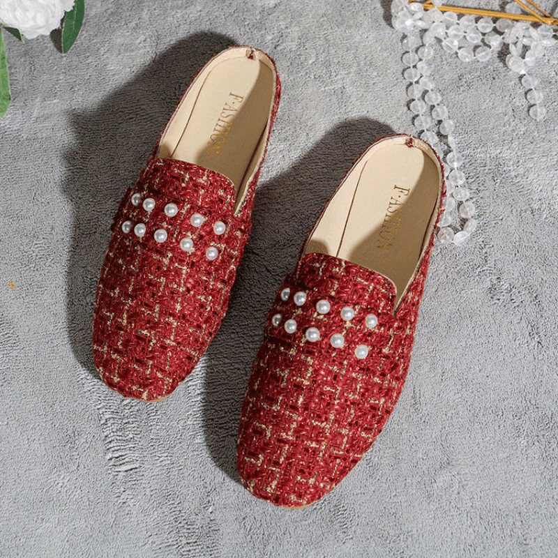 Women's Tweed Flat Mules Fashion Faux Pearl Decor Closed Toe - Temu ...