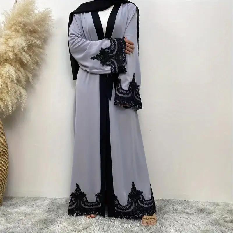 Contrast Lace Abaya Kaftan Elegant Open Front Long Sleeve Temu