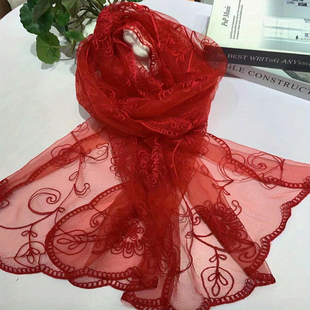Floral Embroidery Lace Scarf Elegant Solid Color Shawl Thin - Temu ...