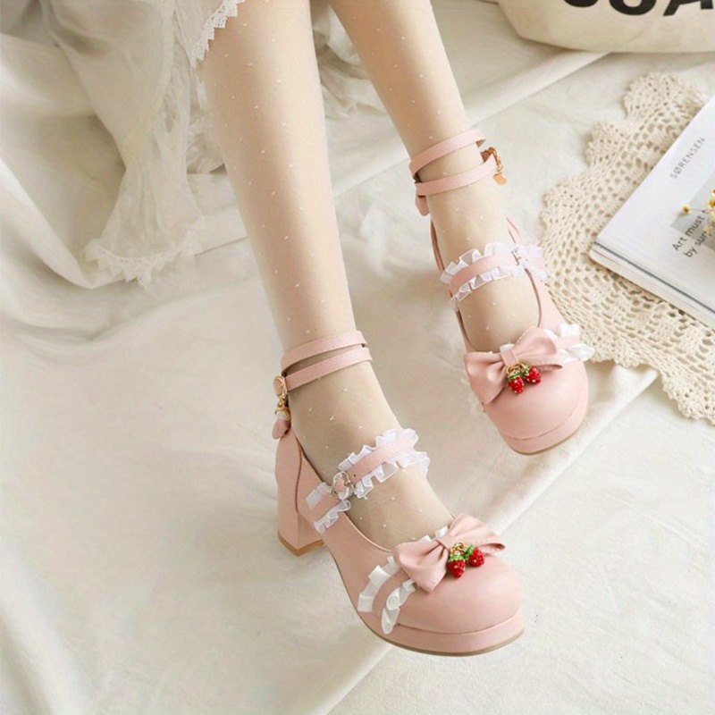 Women's Bowknot Decor Chunky Heels Sweet Strawberry Detailed Buckle ...
