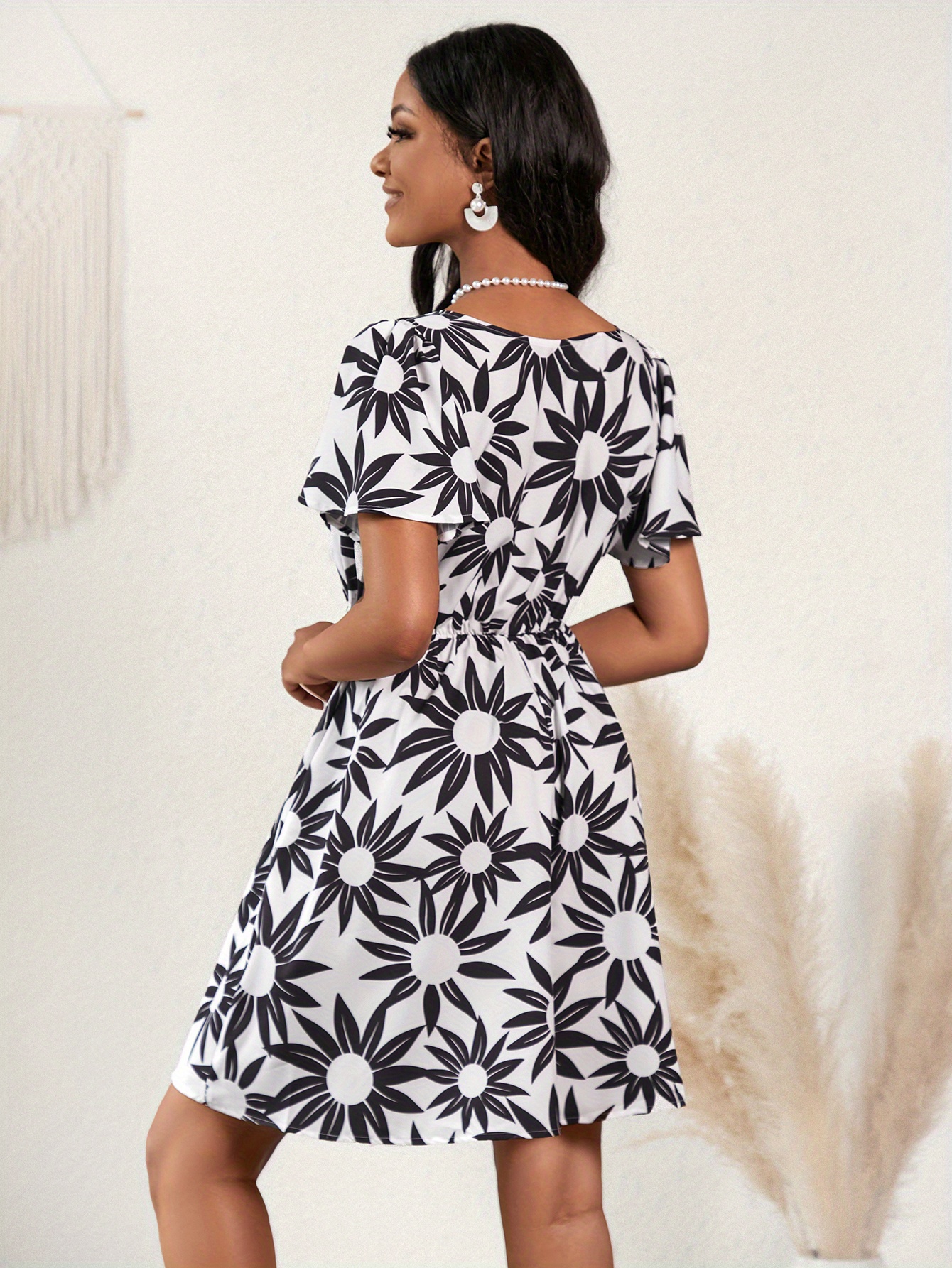 Floral Print Surplice Neck Dress Vacation Short Sleeve Slim - Temu