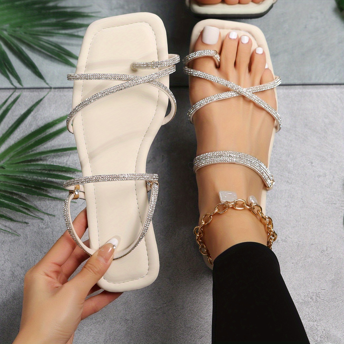 Women's Toe Loop Slide Sandals Stylish Square Toe - Temu Canada