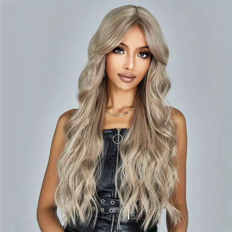 Champagne Blonde Long Wavy Curly Wig Bangs Heat Resistant Temu Ireland
