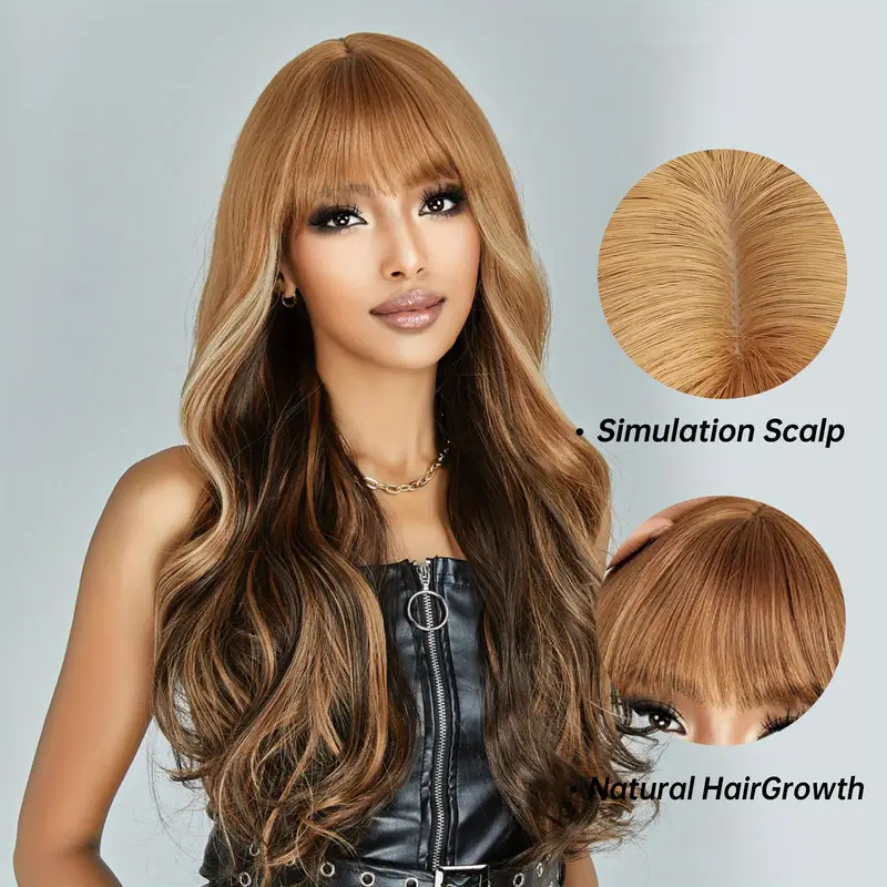 Long Wavy Curly Champagne Blonde Wigs Bangs Black Roots Temu