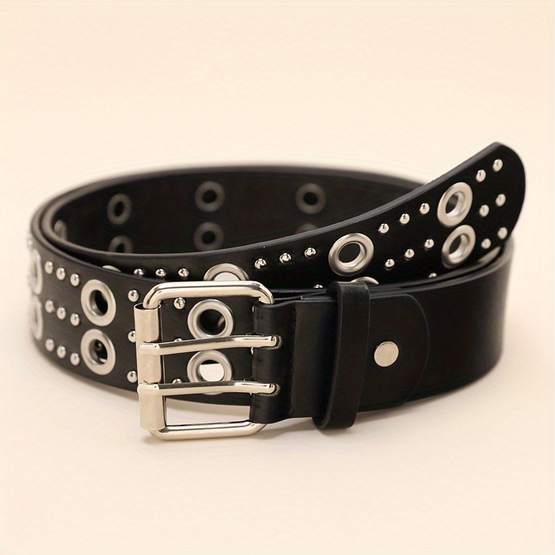 Double Pin Rivet Belt Solid Color Eyelet Hollow Pu - Temu United Kingdom