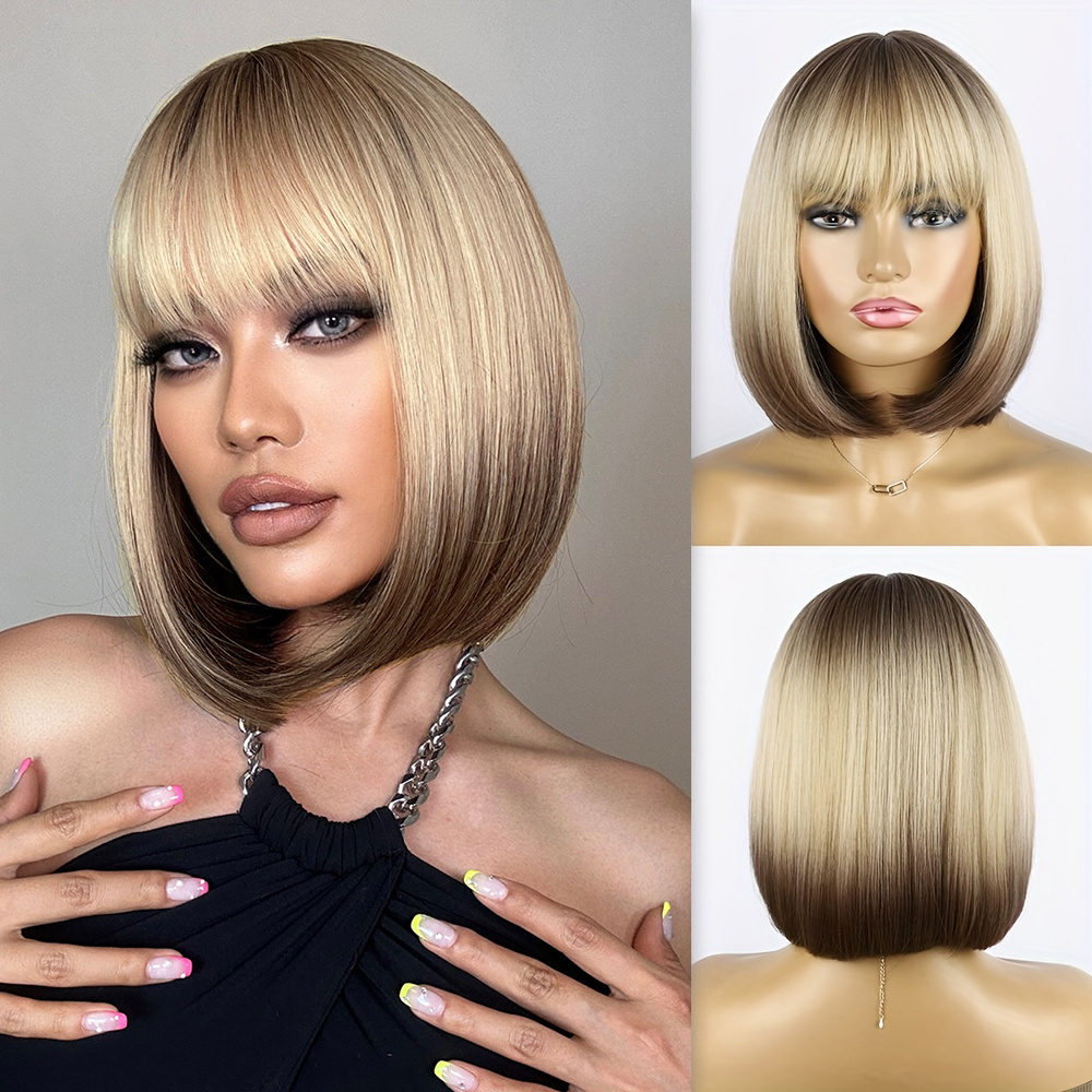 Dark Root Short Bob Straight Hair Wigs Bangs Ombre Synthetic Temu