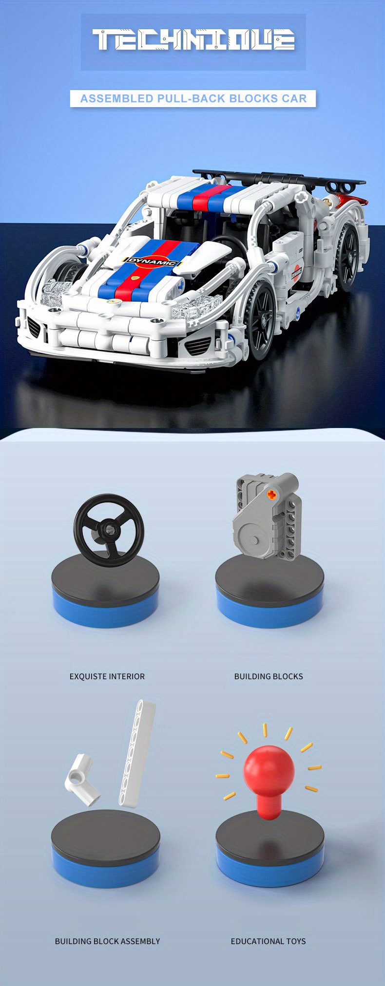 White Sports Car Building Blocks Toy Model Car Puzzle Pull Back Motor ...