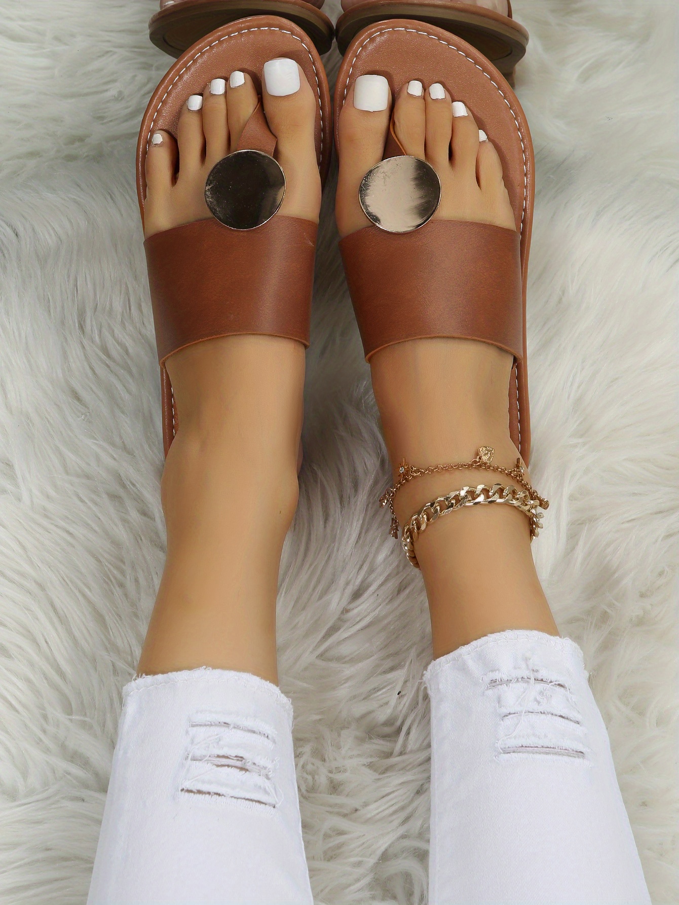 Women's Metal Decor Slide Sandals Trendy Clip Toe Flat Shoes - Temu Norway