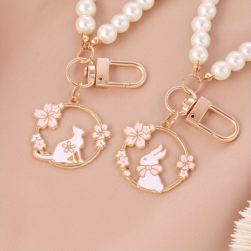 cute cat sakura keychain pearl bracelet keychain key ring backpack ...