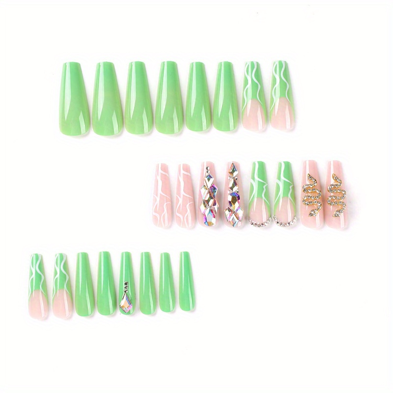Extra Long Ballerina Press Nails 3d Snake Designs Green - Temu