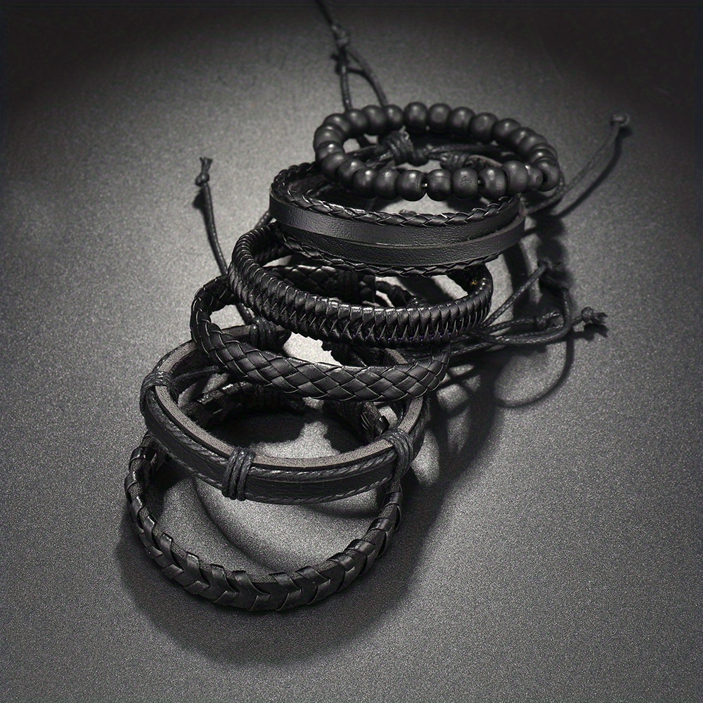 Retro Trendy Punk Woven Pu Leather Bracelets Men Gift Family - Temu