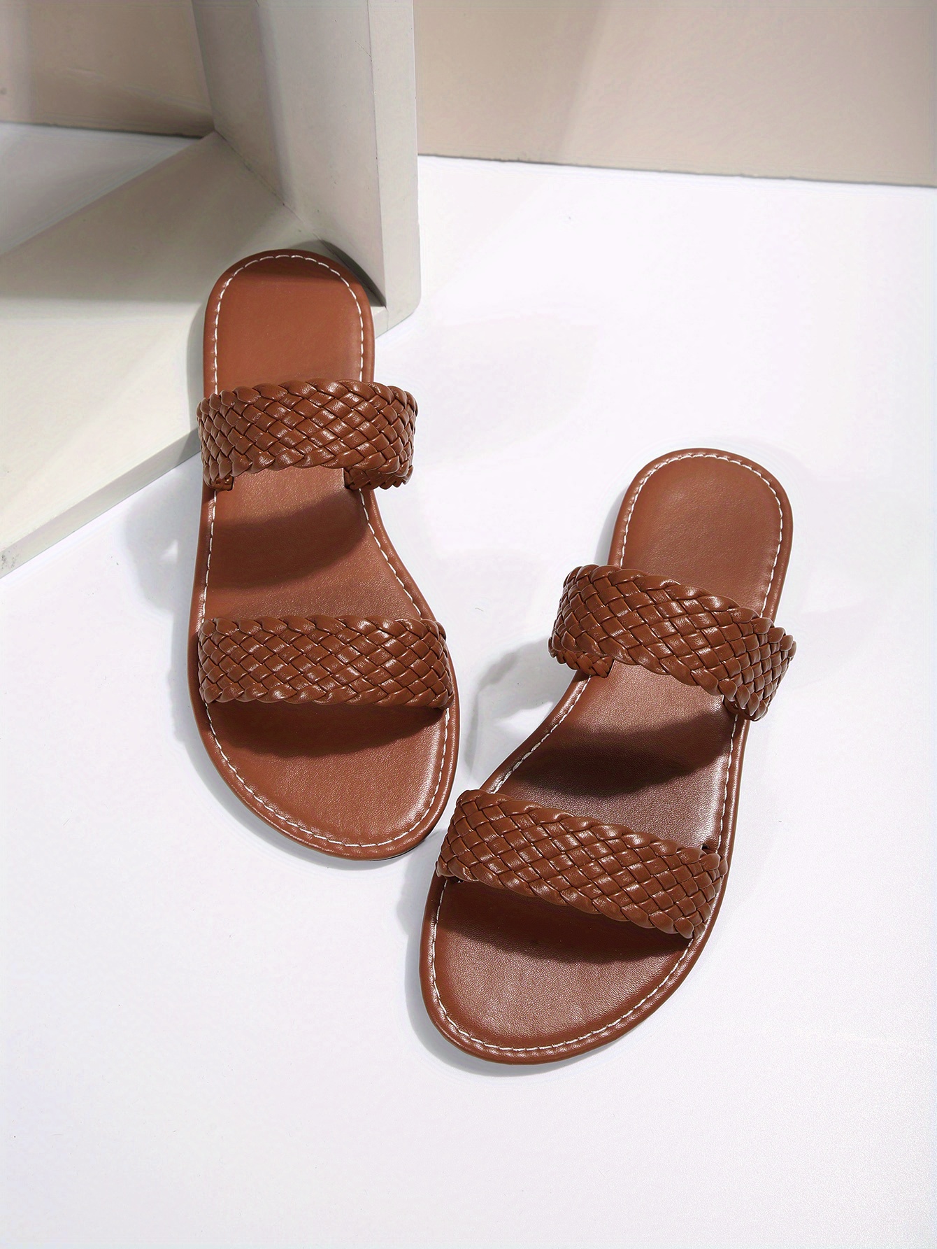 women's braided strap flat slides open toe double straps - Temu Australia