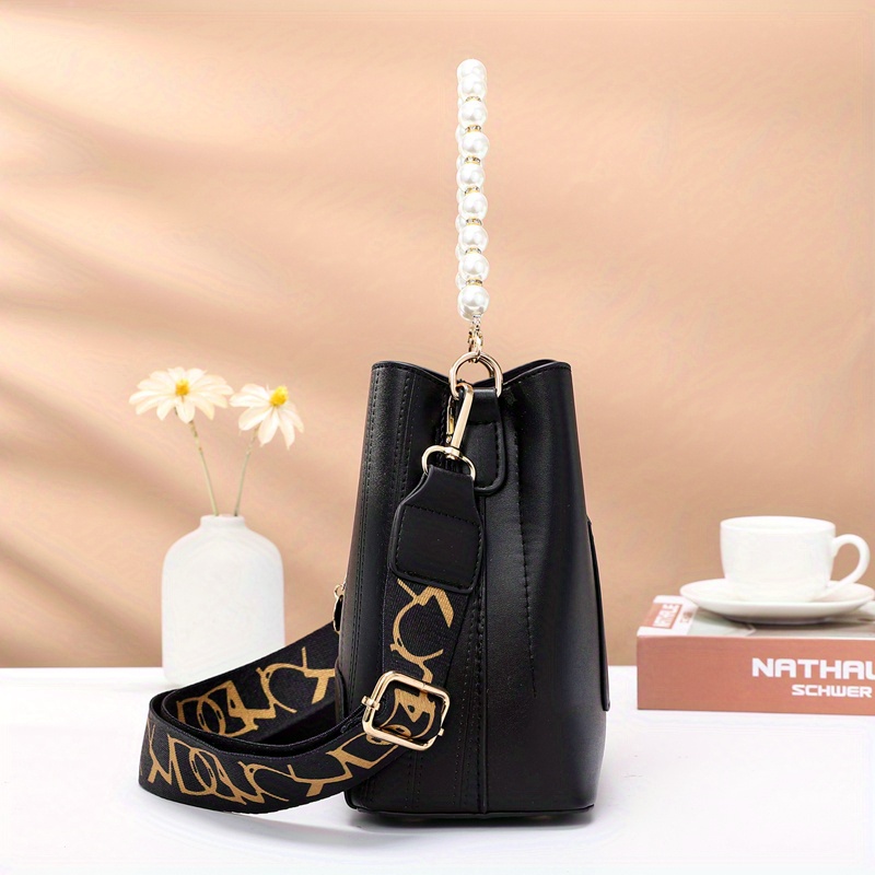 Pearl Handle Wide Strap Crossbody Bag Pu Leather Textured - Temu New ...