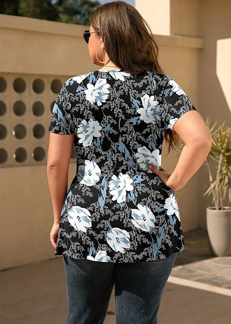 Plus Size Casual Top Womens Plus Floral Print Short Sleeve Temu