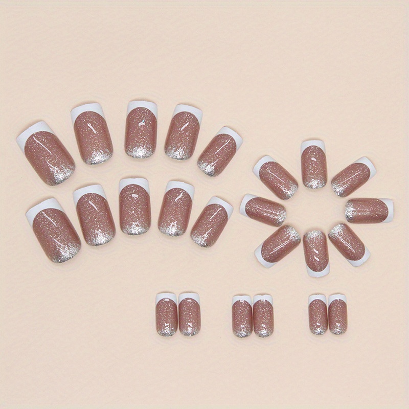 White French Tip Nails Nude Pink Glitter Press Nails - Temu Australia