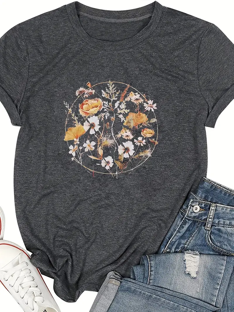 Floral Print Crew Neck T Shirt Casual Short Sleeve T Shirt Temu