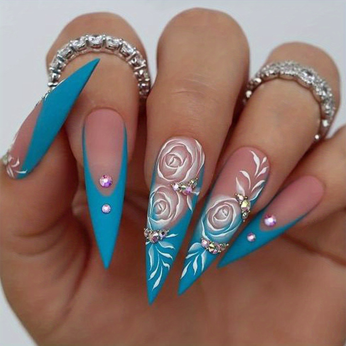 Summer Frosted Rose Flower Nails Long Stiletto Press - Temu United Kingdom