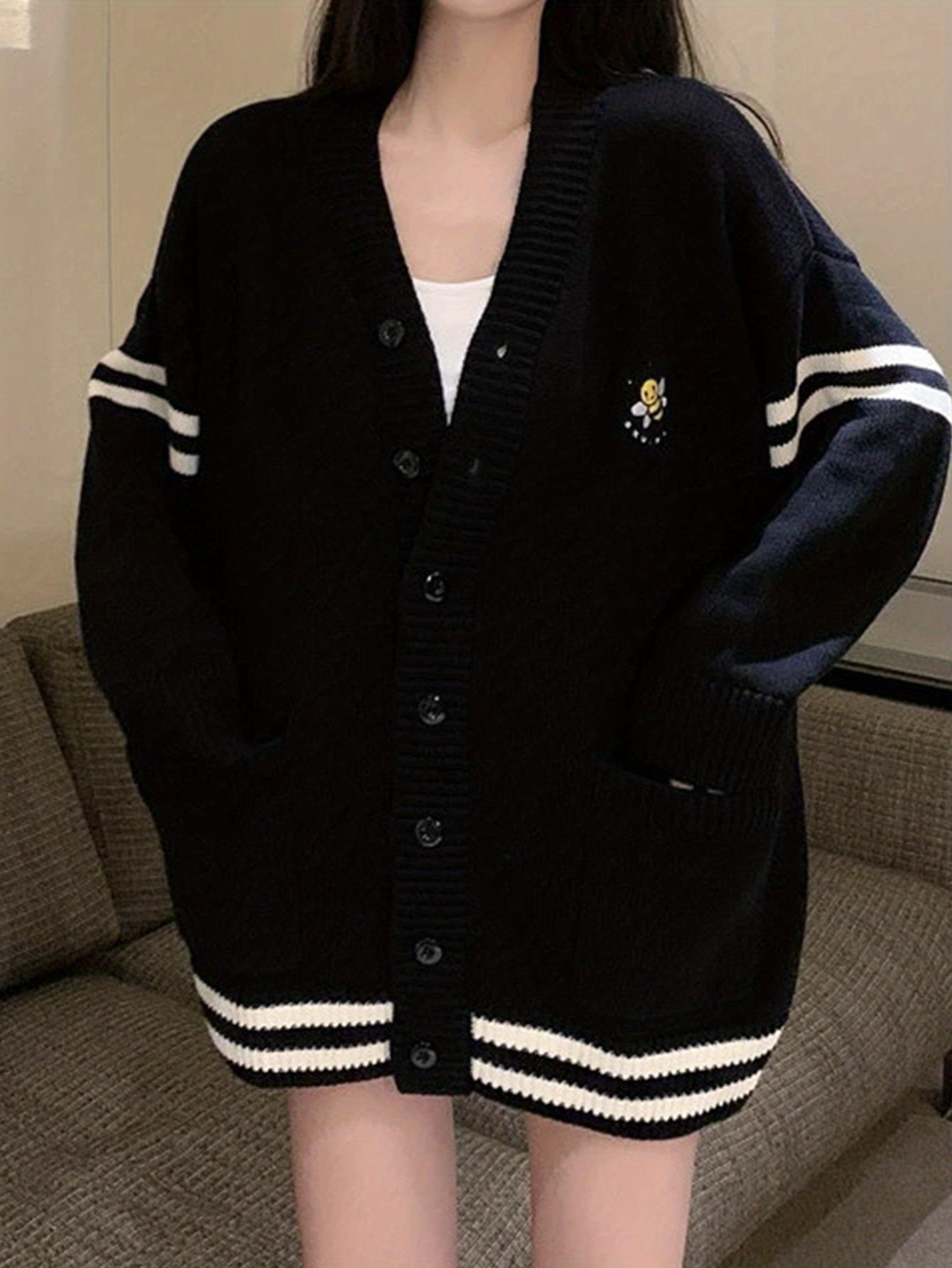 Bee Embroidered Striped Cardigan, Casual Long Sleeve Cardigan For Fall ...