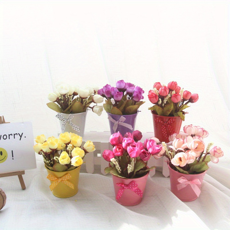1pc artificial rose flower with pot iron bucket artificial flower ...