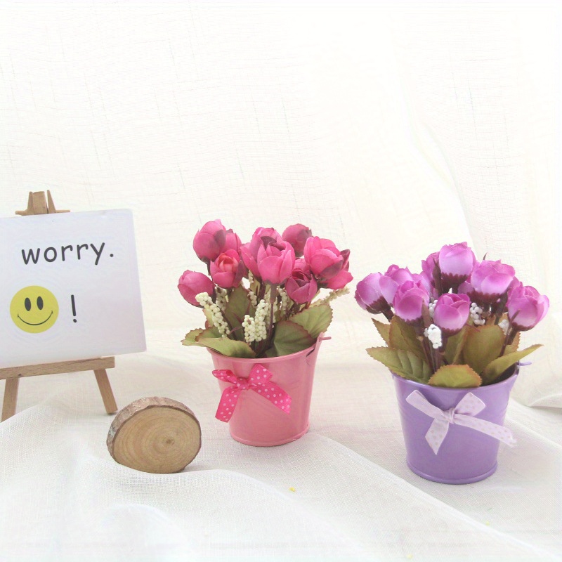 1pc artificial rose flower with pot iron bucket artificial flower ...