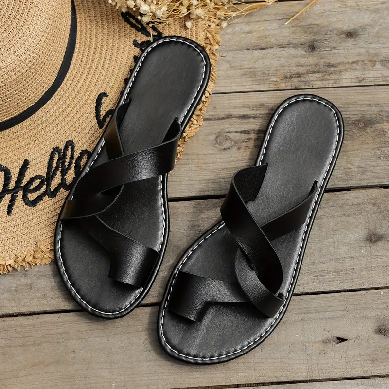 Womens Toe Loop Slide Sandals Casual Cross Strap Flat Shoes Temu