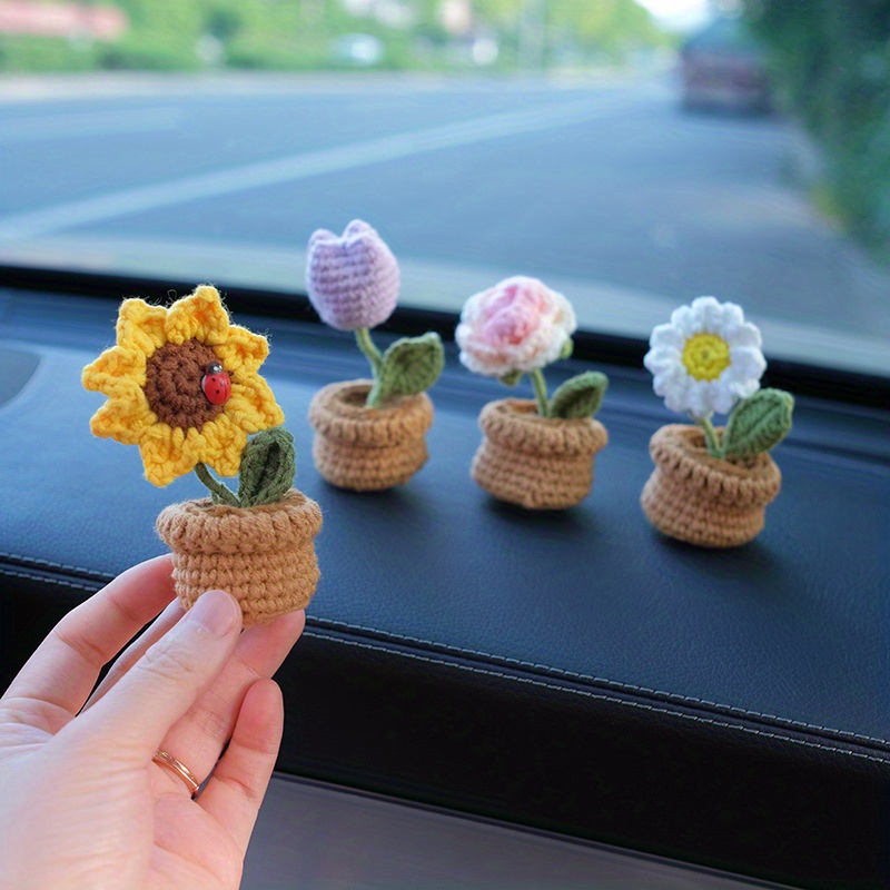 1pc hand knitted flower rose tulips bouquet potted plant ornament ...