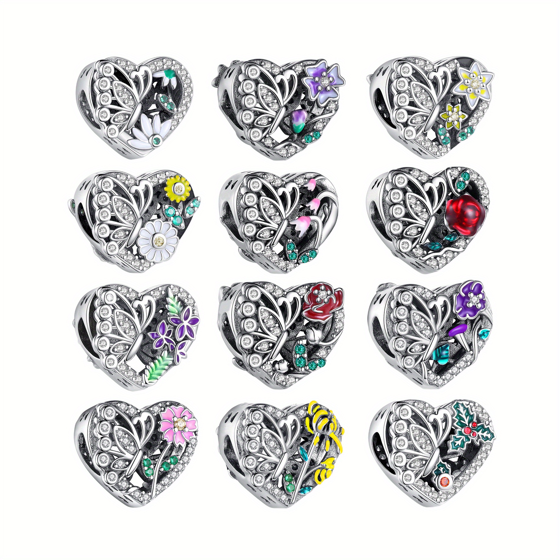 Flower Series 12 Months Heart shaped Silver Plated Charm - Temu New Zealand