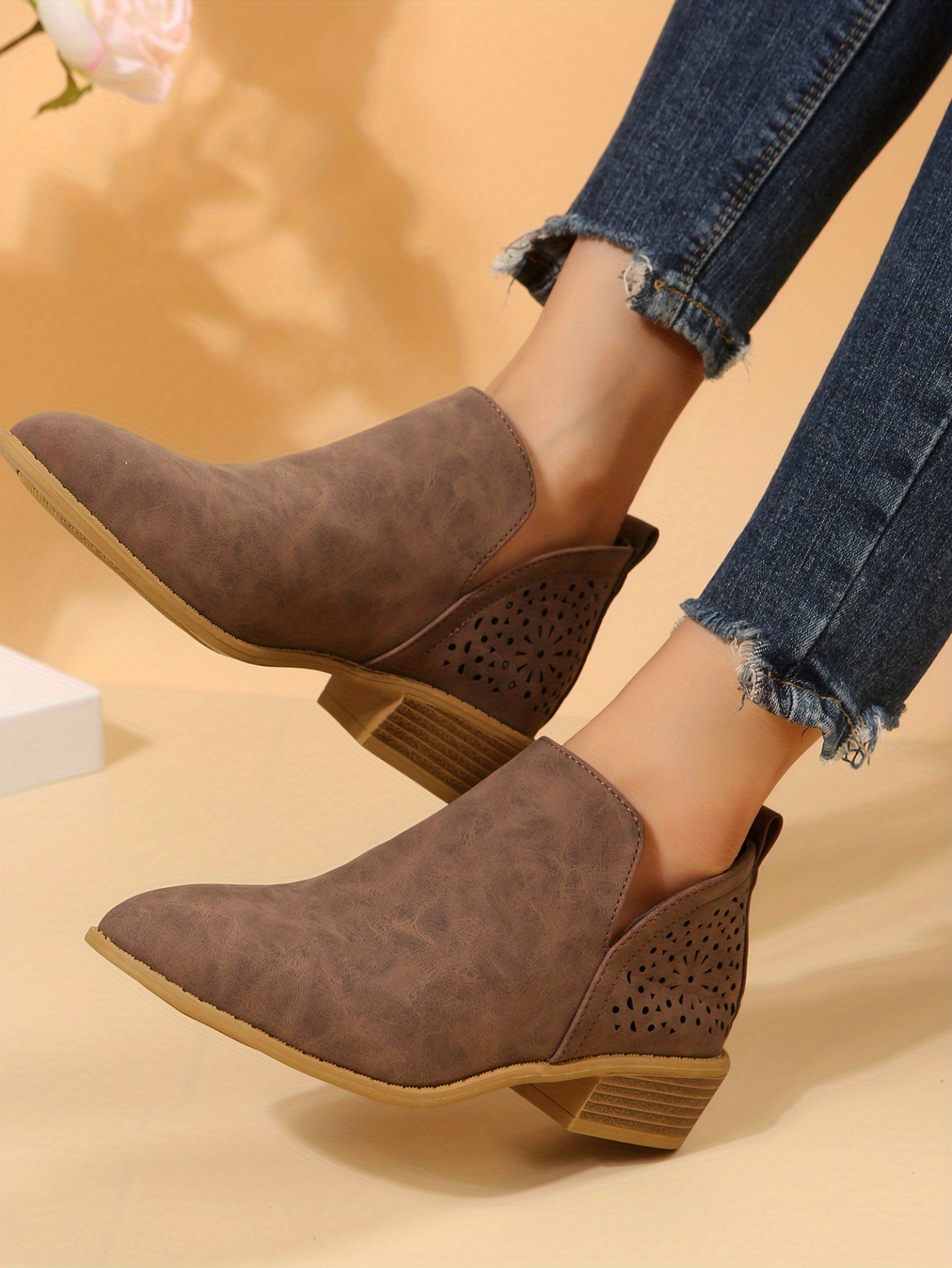 מגפיים בעיצוב חלול לגב לנשים, מגפיים קצרים עם עקב שמנמן אופנתי, מגפי ...