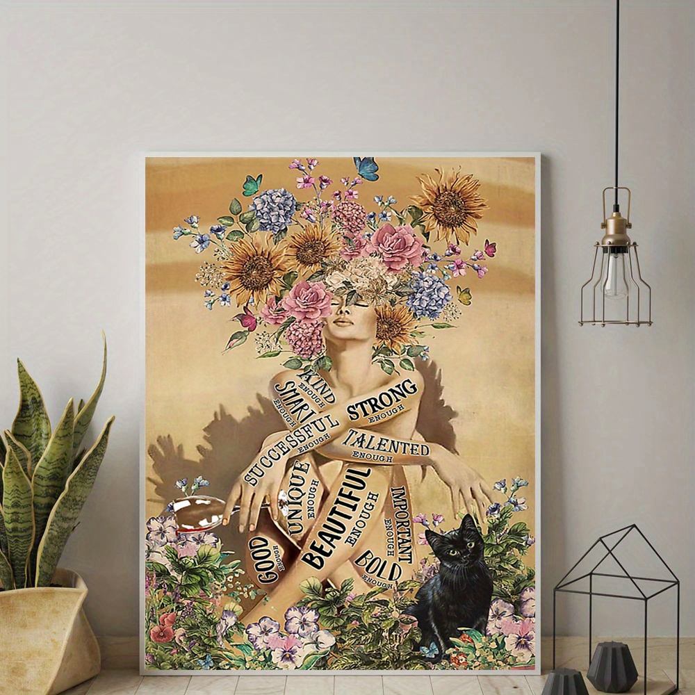 1pc ポスタープリント、花の壁アート画像、強力なキャンバス絵画、女性アートキャンバス、勇気インスピレーション引用ポスター、寝室の壁の装飾用