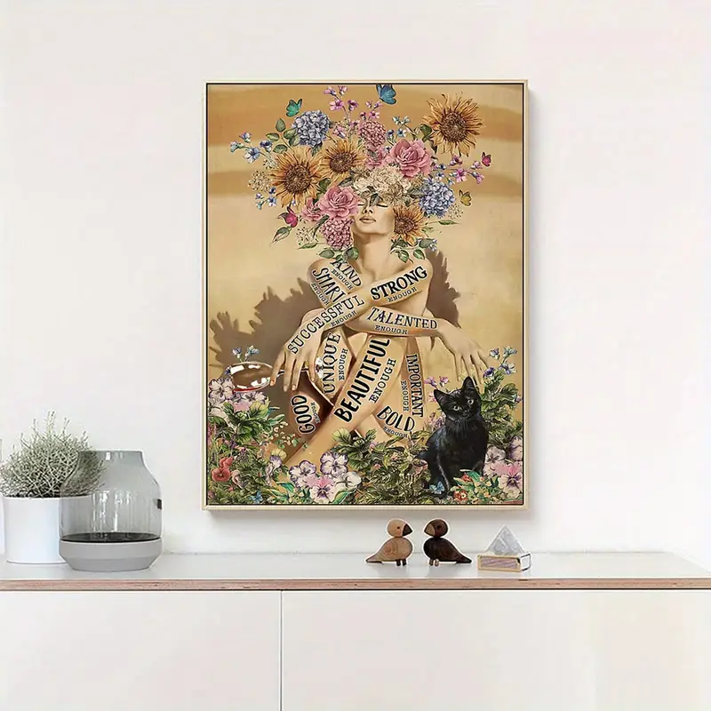 1pc ポスタープリント、花の壁アート画像、強力なキャンバス絵画、女性アートキャンバス、勇気インスピレーション引用ポスター、寝室の壁の装飾用