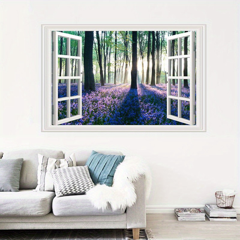 1pc Forest Fake Windows Wall Sticker Removable 3d Nature Landscape Faux ...