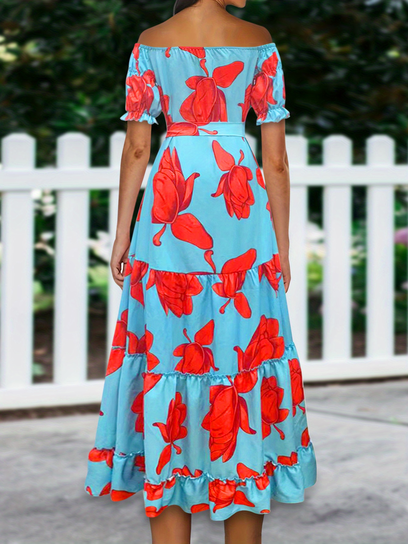 Floral Shoulder Midi Dress Elegant Puff Sleeve - Temu Australia