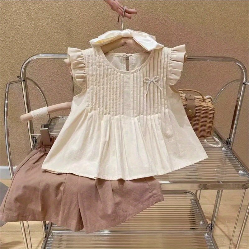 Little Girl Cute Summer Suit Sleeveless Bow Pleated - Temu Australia