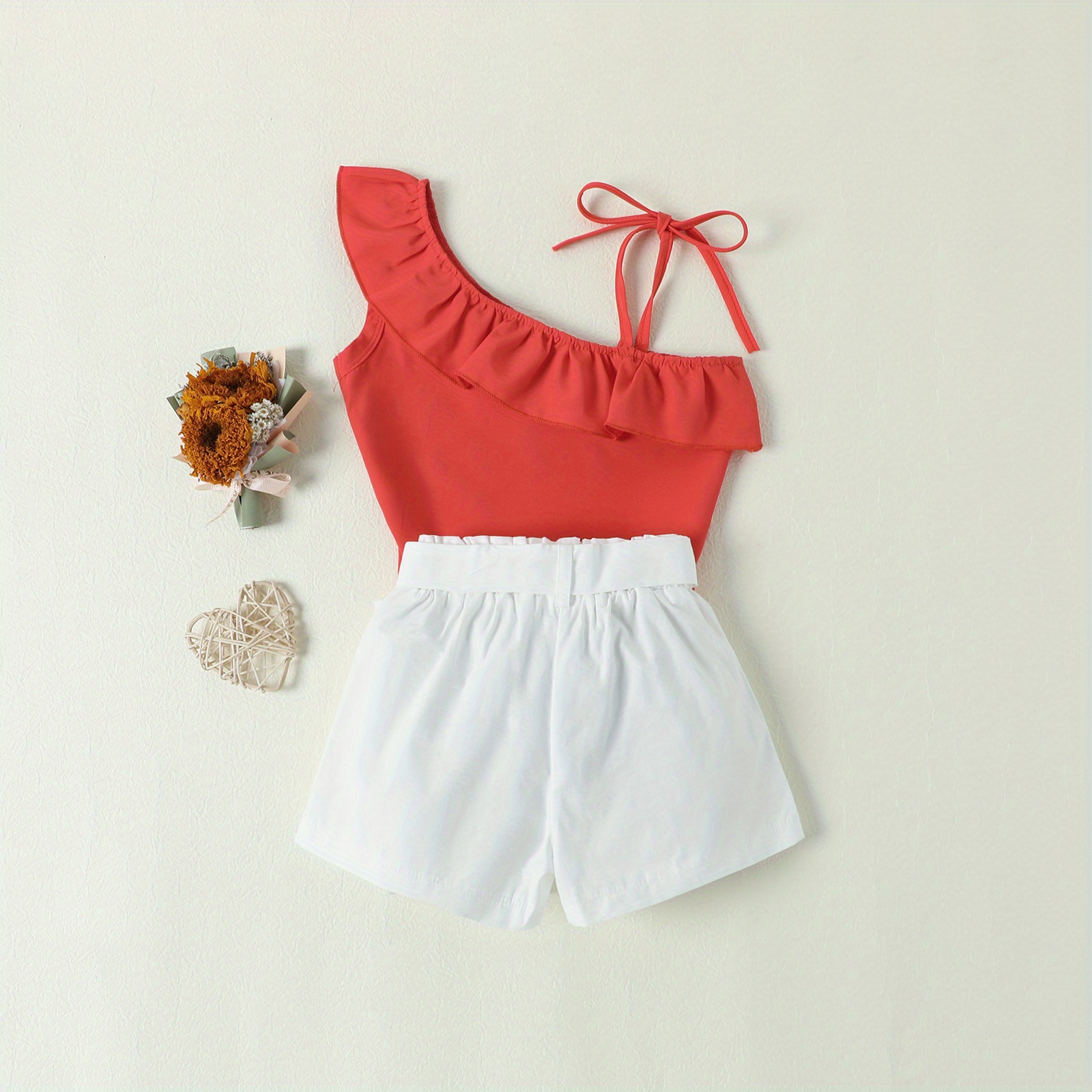 Girls One Shoulder Suspender Ruffle Neck Top+ Casual Shorts - Temu ...
