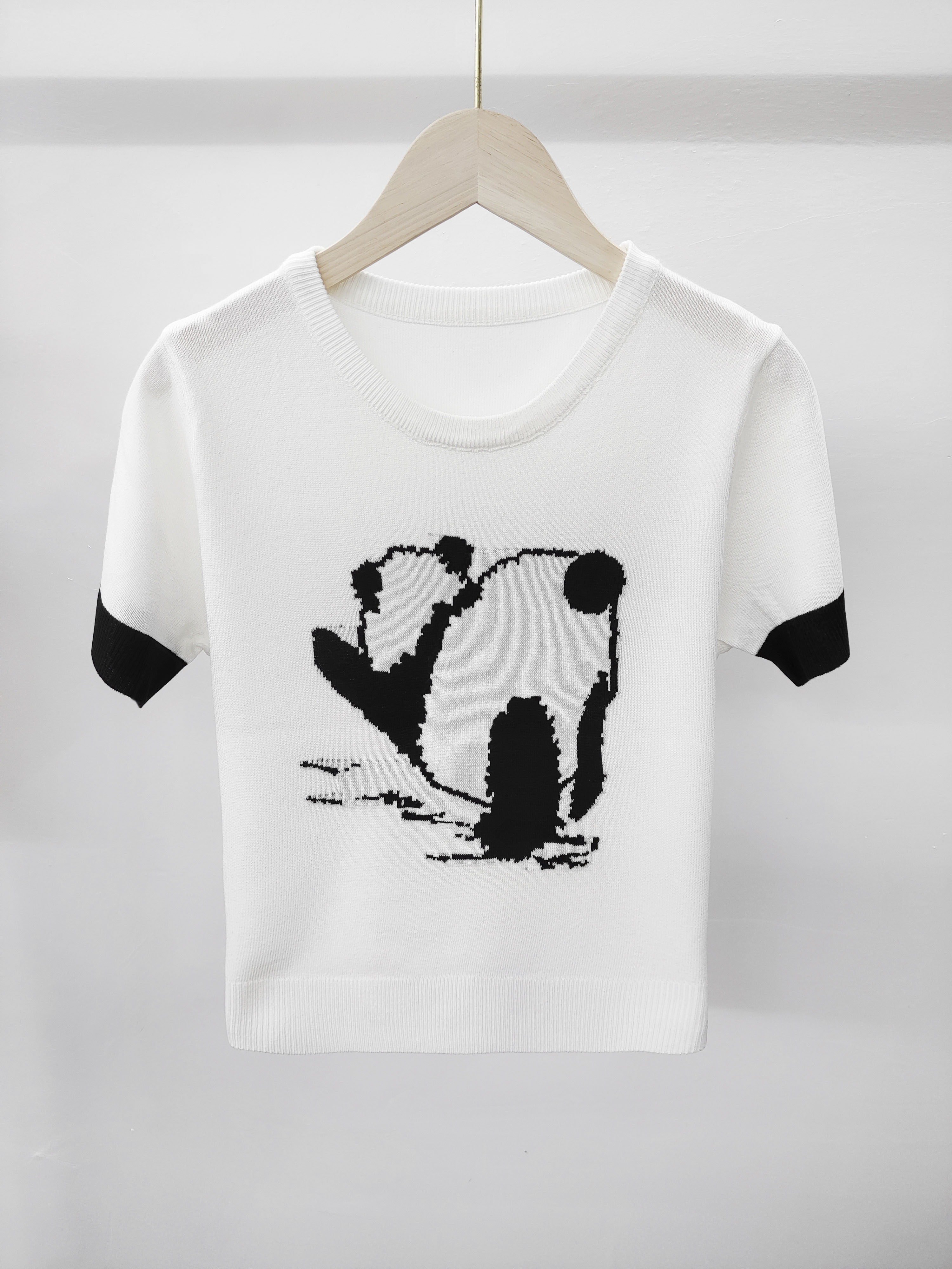 Cute Panda Pattern Knitted Top Short Sleeve Crew Neck Casual - Temu ...